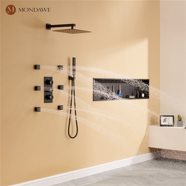 Mondawe 12-in Wall Mount Thermostatic Rain Shower System with 6 Body ...