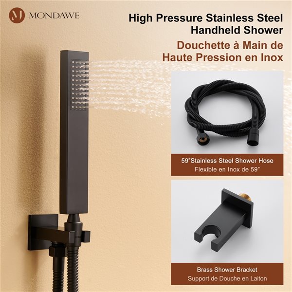 Mondawe 12-in Wall Mount Thermostatic Rain Shower System with 6 Body Jets - Black WF6001-12BL | RONA
