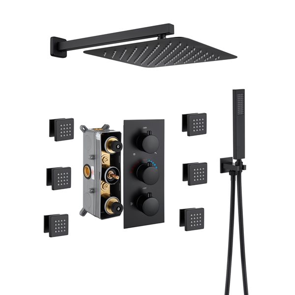 Mondawe 12-in Wall Mount Thermostatic Rain Shower System with 6 Body ...