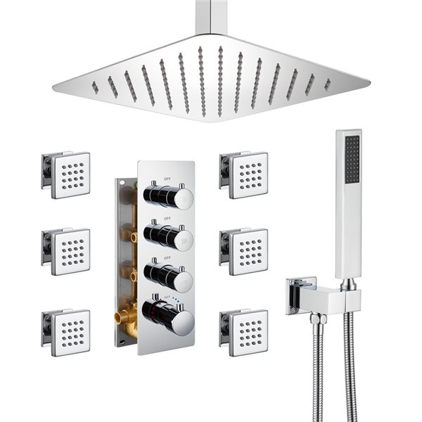 Mondawe 12-in Celling Mount Thermostatic Rain Shower System with 6 Body ...
