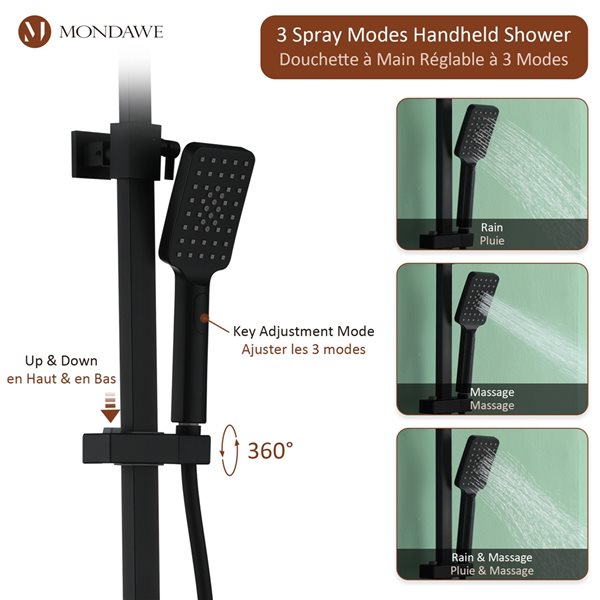 Mondawe Thermostatic Shower Bar System with Square Shower Head-in Matte ...