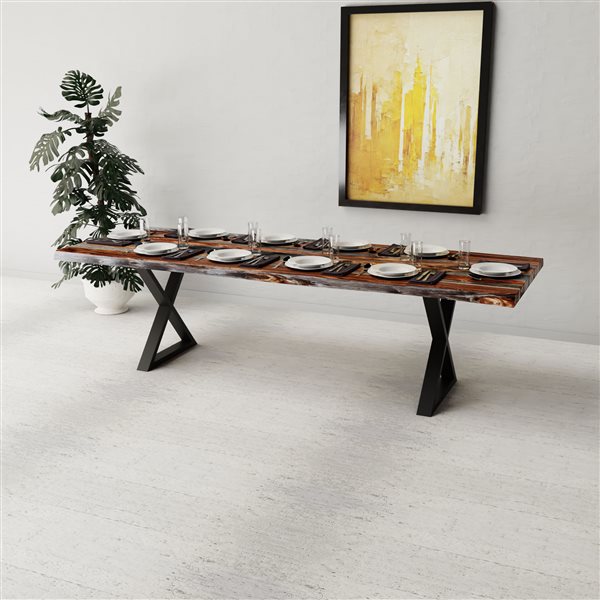 MobX Grey Sheesham 108-in x 40-in Dinning Table with X Black Legs | RONA