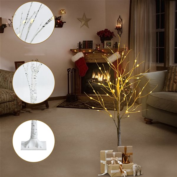 Costway 4-ft Pre-Lit White Twig Birch Tree for Christmas Holiday with ...