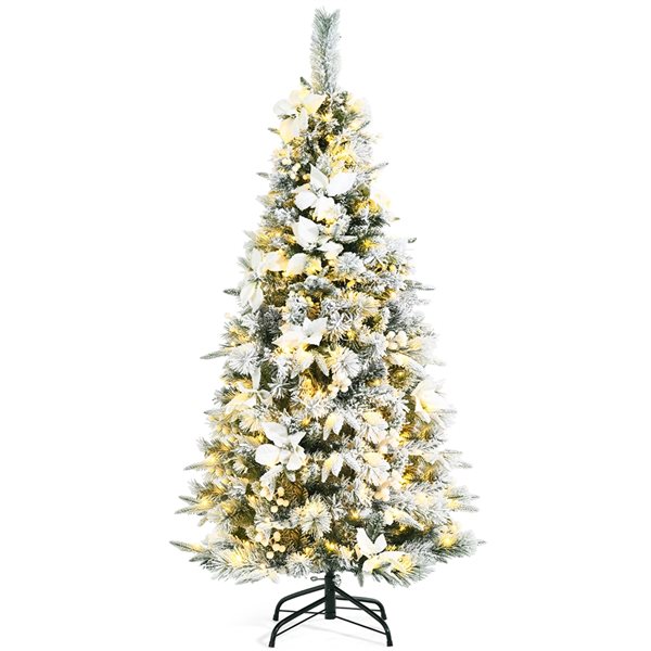 Costway 5-ft Pre-lit Full Flocked White Artificial Christmas Tree with ...