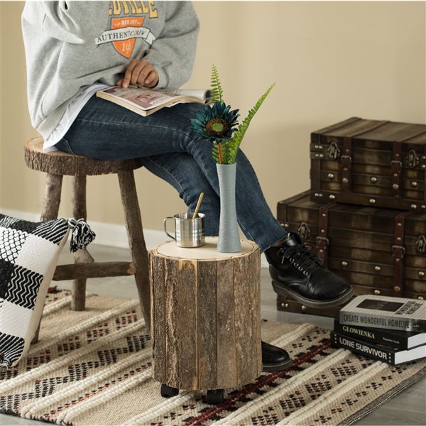 Table d'appoint ronde en bois brun de Vintiquewise avec roulettes ...