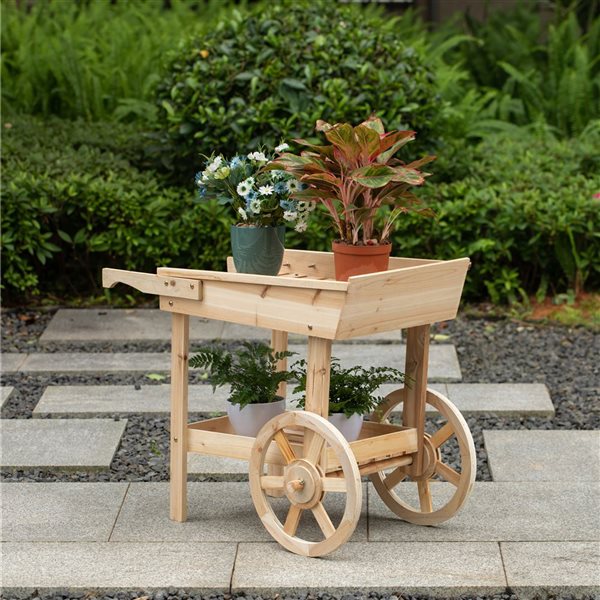 Vintiquewise 2-Tier Natural Redwood Plant Stand Cart with Wheels ...
