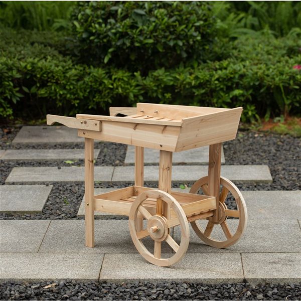 Vintiquewise 2-Tier Natural Redwood Plant Stand Cart with Wheels ...