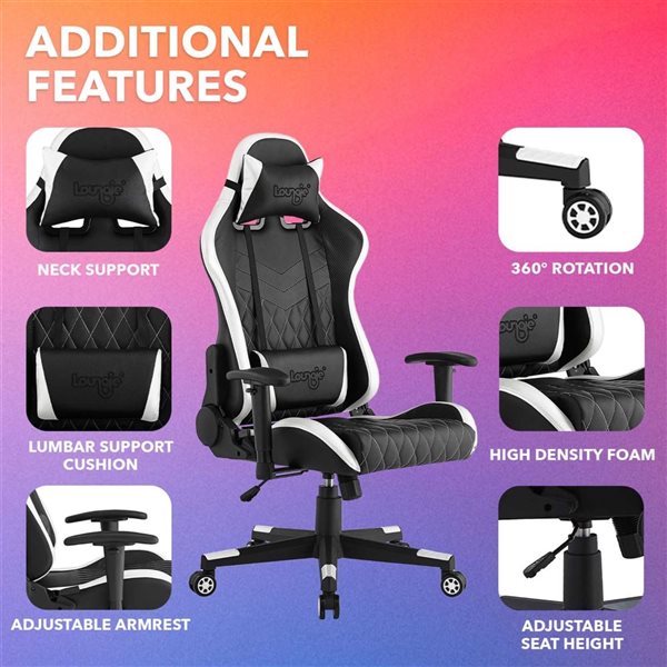 Loungie Maxton White Ergonomic Adjustable Height Faux Leather Gaming ...