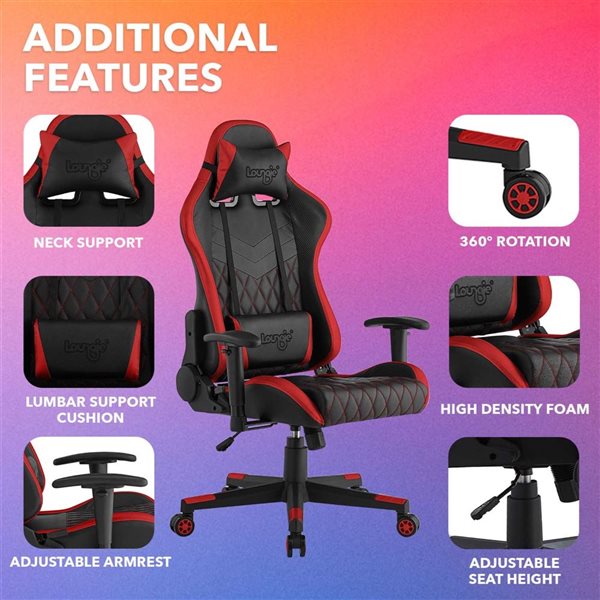 Loungie Maxton Red Ergonomic Adjustable Height Faux Leather Gaming ...