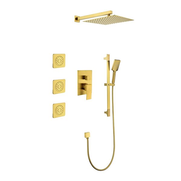 WELLFOR Brushed Gold Wall-Mounted Shower System with 12-in Shower Head ...