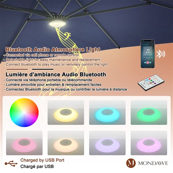 Mondawe 10-ft Navy Blue Offset No-Tilt Patio Umbrella with Base and Bluetooth Ambient Light MO ...