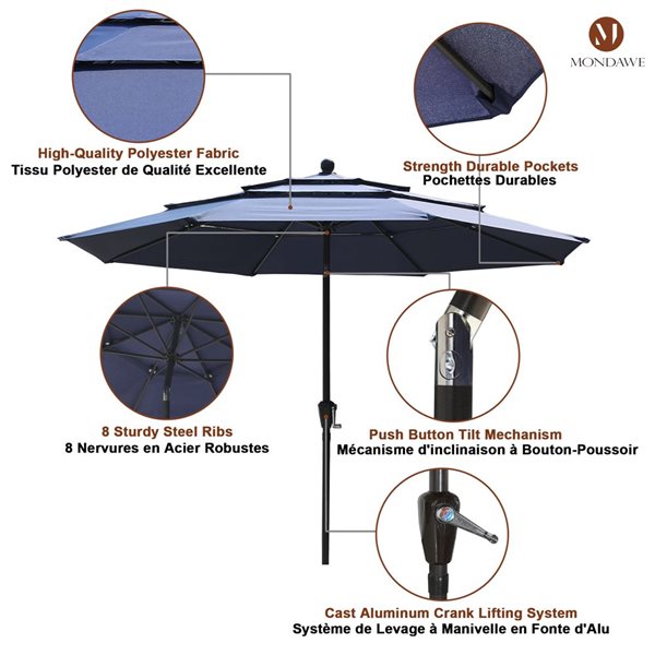 Mondawe 10-ft Navy Blue Push-Button Double Canopy Patio Umbrella ...
