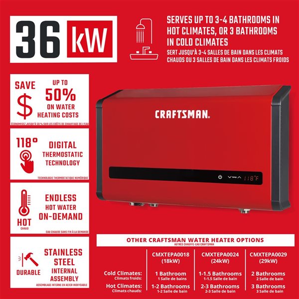 CRAFTSMAN Pro-temp Plus Series 240-volt 36-kW 7.3 Gpm Tankless Electric ...