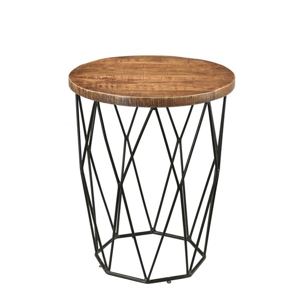 HomeRoots 24-in Black and Natural Brown Solid Wood and Iron Round End ...