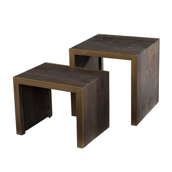HomeRoots Set Of Two 19-in Grey Solid Wood and Gold Chunky Nested End ...