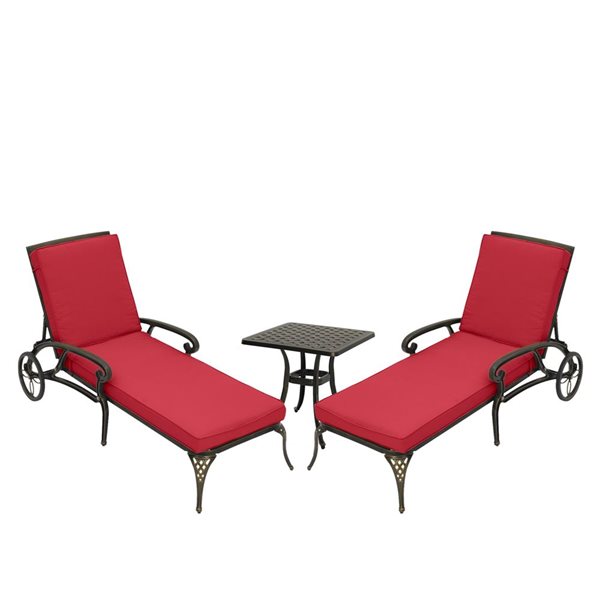 Clihome Lounge Chair 3-Piece Aluminum Patio Conversation Set with Red Nylon Cushions and Side ...