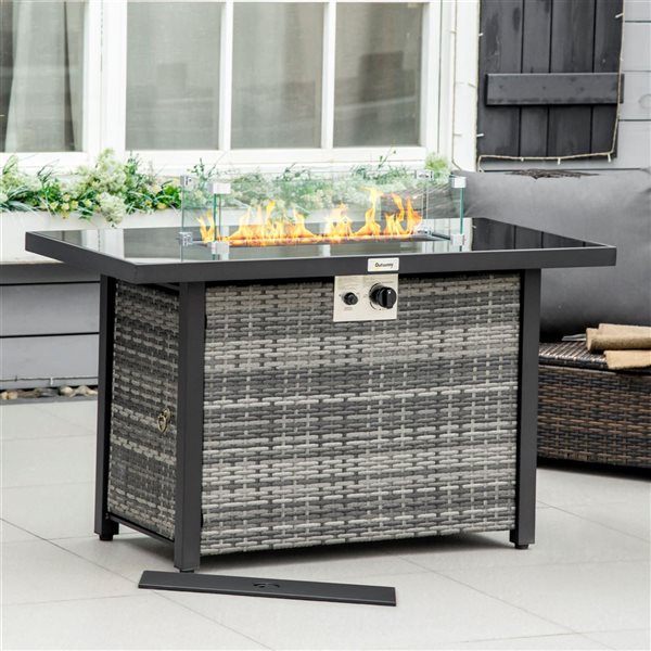 Outsunny Propane Gas 50,000 BTUs Grey Rattan Fire Pit Table with Glass ...