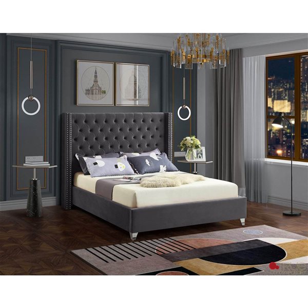 True Contemporary Tiara Grey Velvet Tufted Wingback King Platform Bed ...