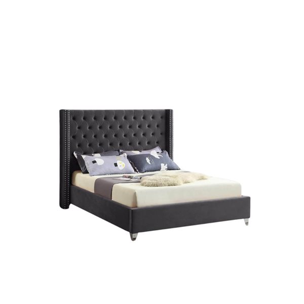 True Contemporary Tiara Grey Velvet Tufted Wingback King Platform Bed ...