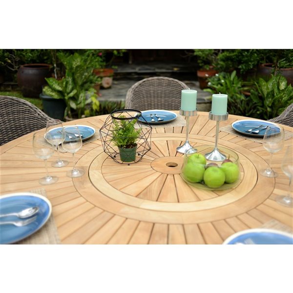 Scancom Guam 7-piece Teak and Wicker Round Table Dining Set with Tan ...