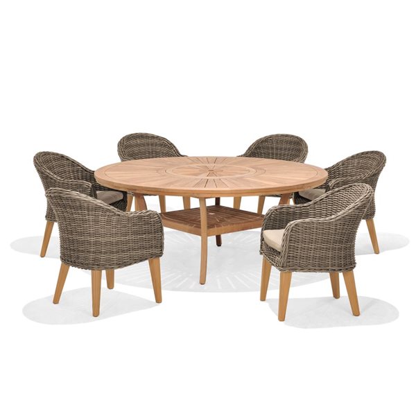 Scancom Guam 7-piece Teak and Wicker Round Table Dining Set with Tan ...