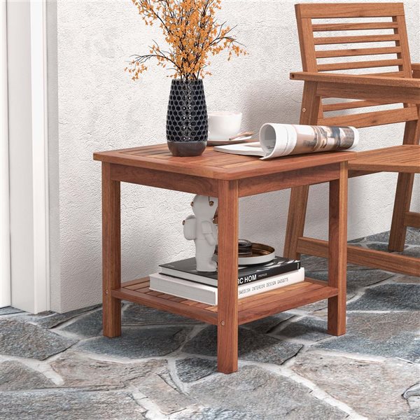 Costway 18-in 2-Tier Square Acacia Wood Patio Side Table HW71499 | RONA