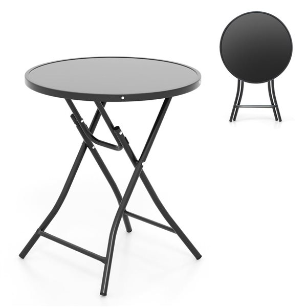 Costway 23-in Black Round Folding Bistro Table with Tempered Glass ...