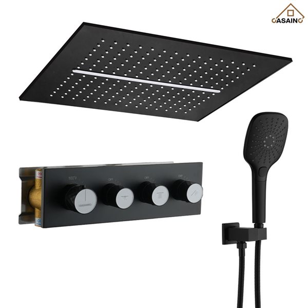 CASAINC 16-in Matte Black Ceiling Mount Thermostatic Rain Shower Set ...