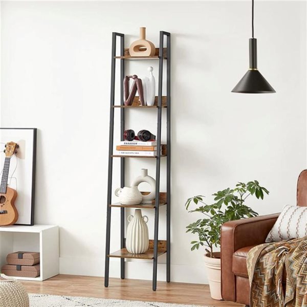 Boutique Home 13.3 W x 67 in H 5 Tier Rustic Brown Narrow Ladder Bookcase with Black Steel Frame LLS109B01V2 RONA