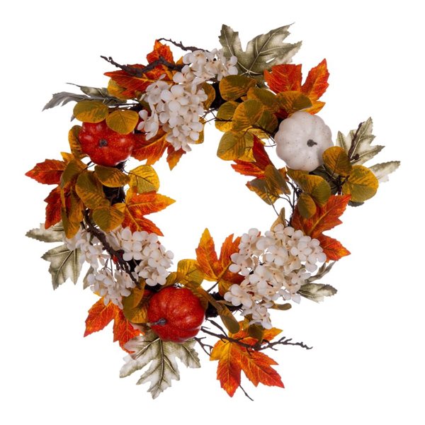 Vickerman Artificial 22-in Orange Fall Pumpkin Hydrangea Wreath ...