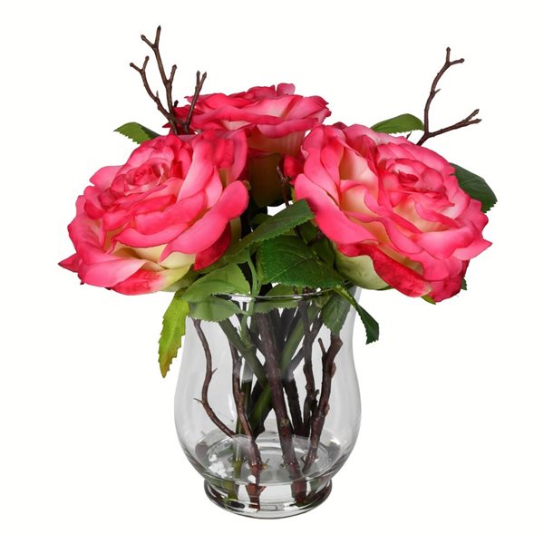 Vickerman 10-in Artificial Dark Pink Rose In Glass Vase FX190202 | RONA