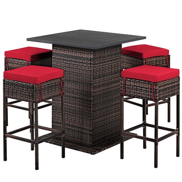 Costway 5-Pc Red/Brown Steel Frame/Rattan Patio Bar Set | RONA
