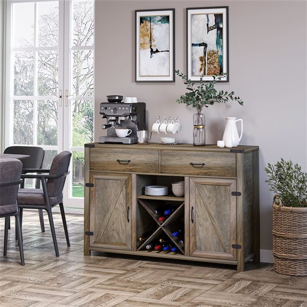 HomCom 55.1 in W Distressed Oak Brown Sideboard Coffee Bar Cabinet with Wine Rack Drawer and Open Shelf 837 059 RONA