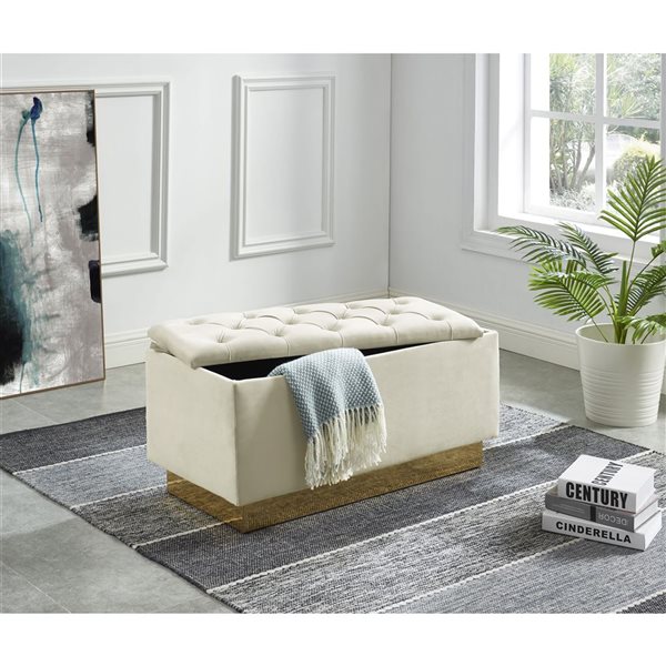 Hi-Line Gift Ltd. Cream Velvet Tufted Storage Bench with Gold Base ...