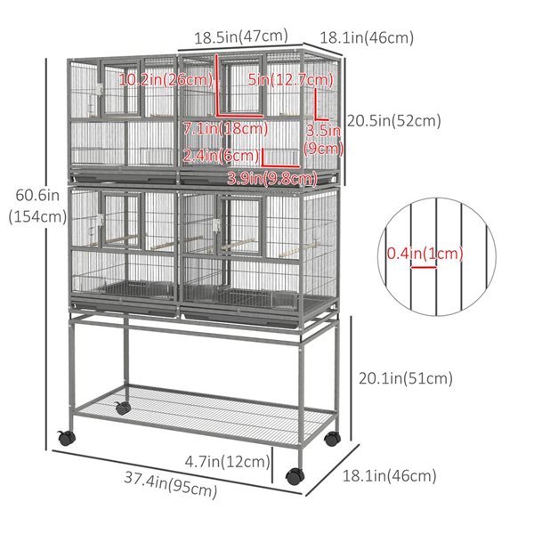 PawHut 61-in Double Bird Cage with Rolling Stand, Canary Parakeet Cage ...