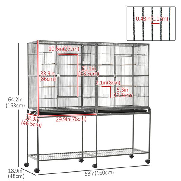 PawHut 64-in Extra Large Rolling Metal Parrot Cage with Detachable ...