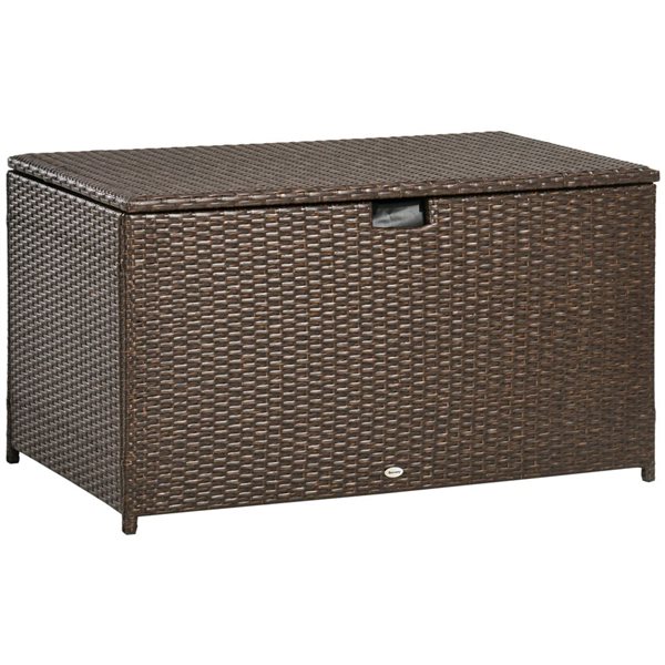 Outsunny 113-gal. Brown PE Wicker Outdoor Deck Storage Box w/ Lid and ...