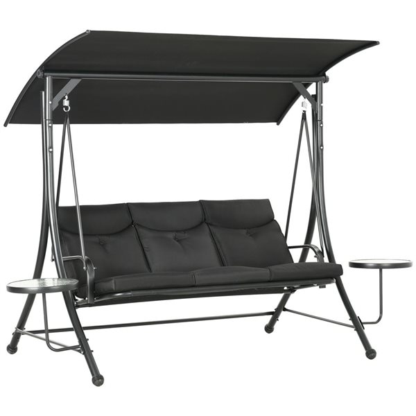 Outsunny Black 3-Seat Outdoor Swing Bench with Adjustable Canopy and ...