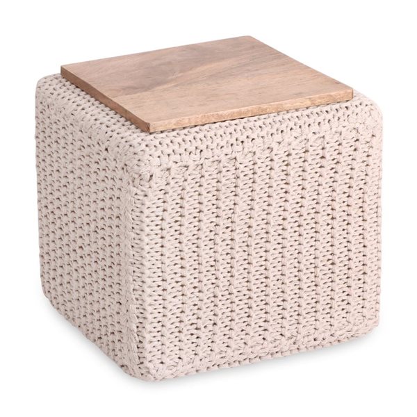Loft Lyfe Mayla 3-in-1 Pouf/Ottoman with Wooden Tray, Cotton Yarn ...