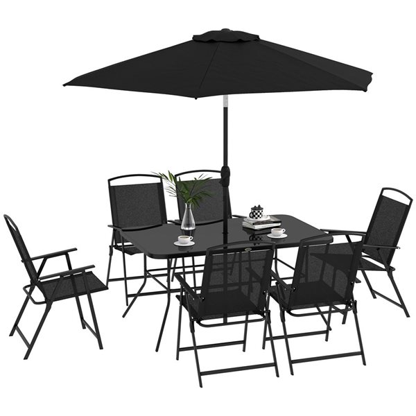Outsunny 8-Piece Patio Dining Set with Umbrella and 6 Folding Chairs ...