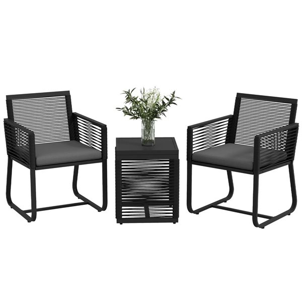 Outsunny 3-Piece Black Wicker Patio Furniture with Soft Seat Cushions ...