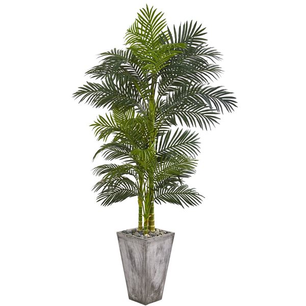 Nearly Natural 7-ft H Green Artificial Golden Cane Palm Tree in Cement ...
