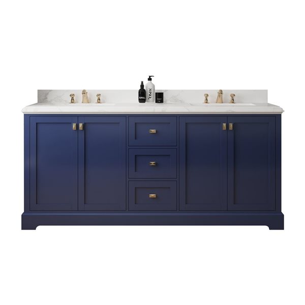 RAINLEX 72-in Navy Blue Freestanding Double Bathroom Vanity w/ Natural ...
