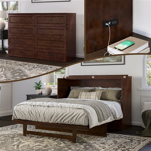 AFI Alpine Queen Murphy Bed w/ 6-in Mattress + Storage Drawer and USB ...