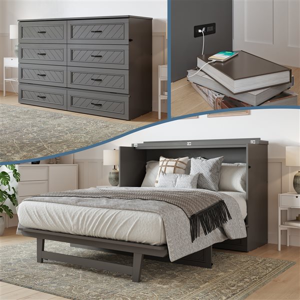 AFI Alpine Queen Murphy Bed w/ 6-in Mattress + Storage Drawer and USB ...