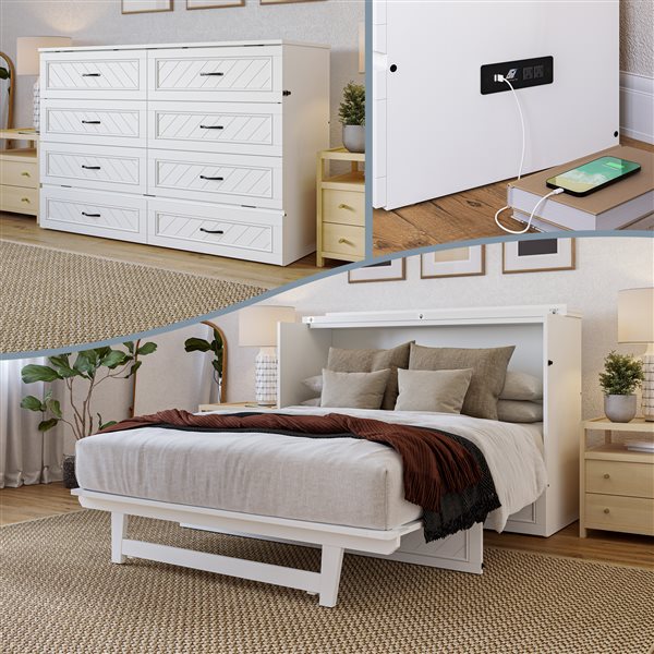 AFI Alpine Queen Murphy Bed w/ 6-in Mattress + Storage Drawer and USB ...