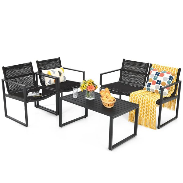 Costway 4-Piece Black Steel Metal/Cord Patio Conversation Set HW64412 ...