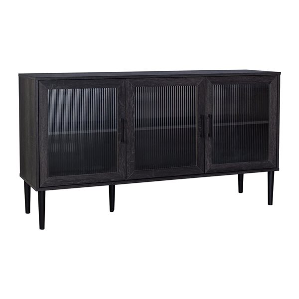 CorLiving Ethan Distressed Dark Grey Fluted Glass 3-Door Sideboard w/ Shelves LFT-633-B | RONA