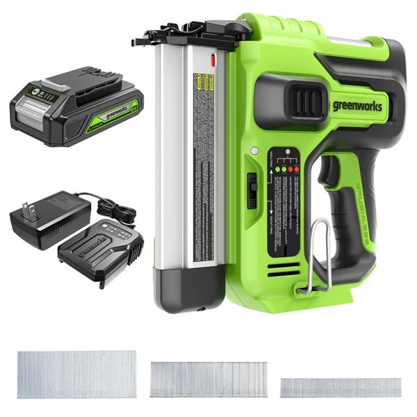 Greenworks 24V 2-in 18 Gauge Cordless Brad Nailer w/ 2.0Ah Battery and ...