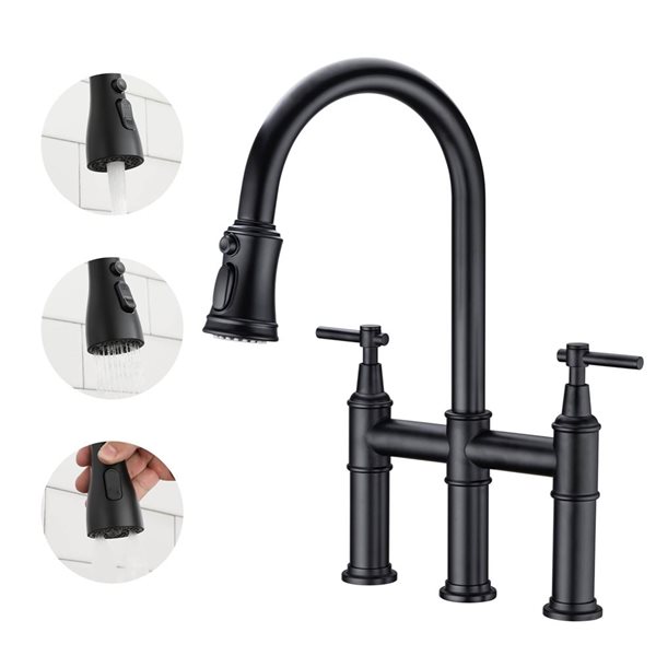 Mondawe Modern Pull-Down Bridge Swivel 2-Handle Kitchen Faucet - Matte ...